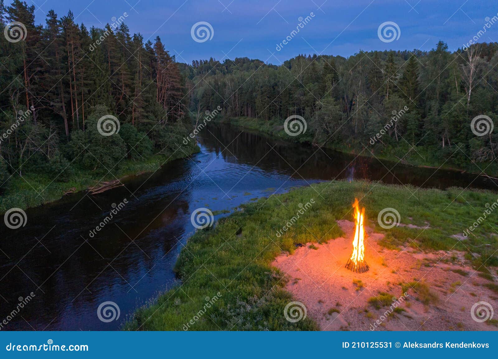 Landscape of Forest and River at Night. Huge Fire. Midsummer. Stock ...