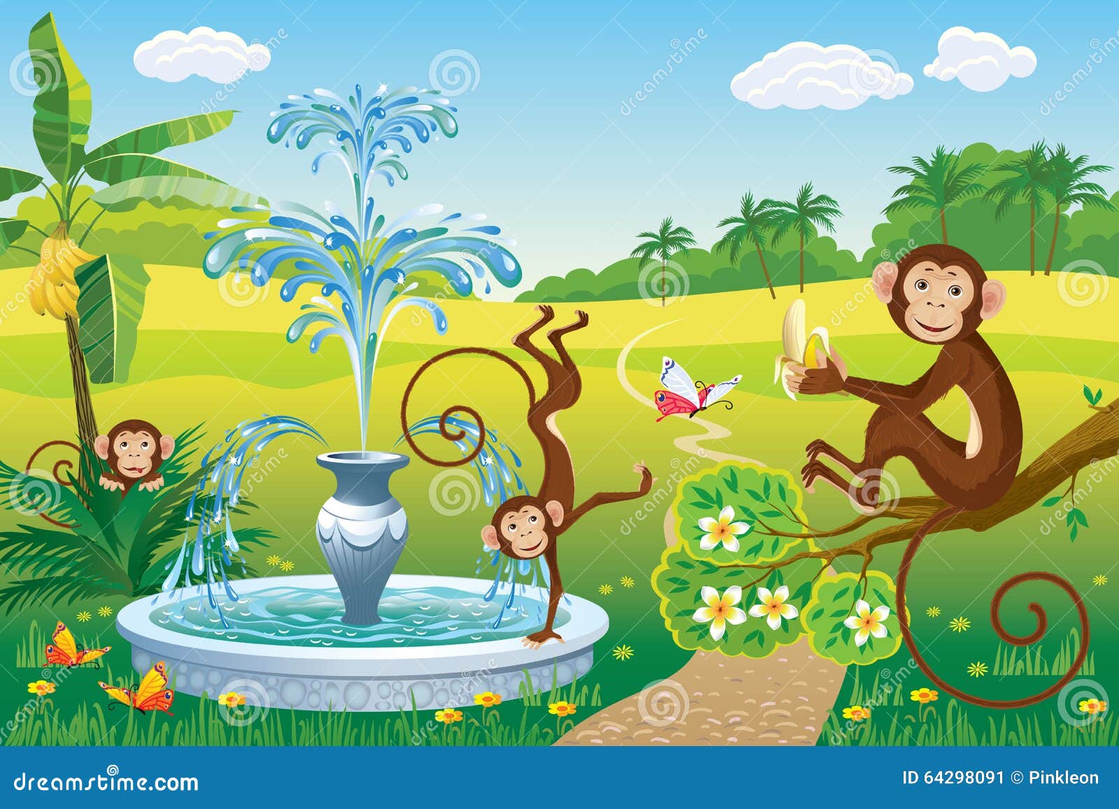 Landscape with a Fountain and a Monkey Stock Illustration ...