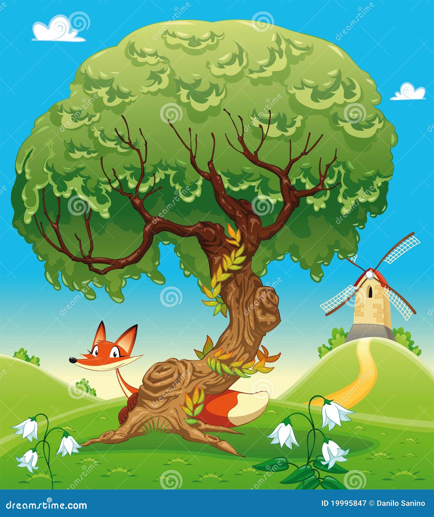 Landscape with Fox Behind the Tree. Stock Vector - Illustration of ...