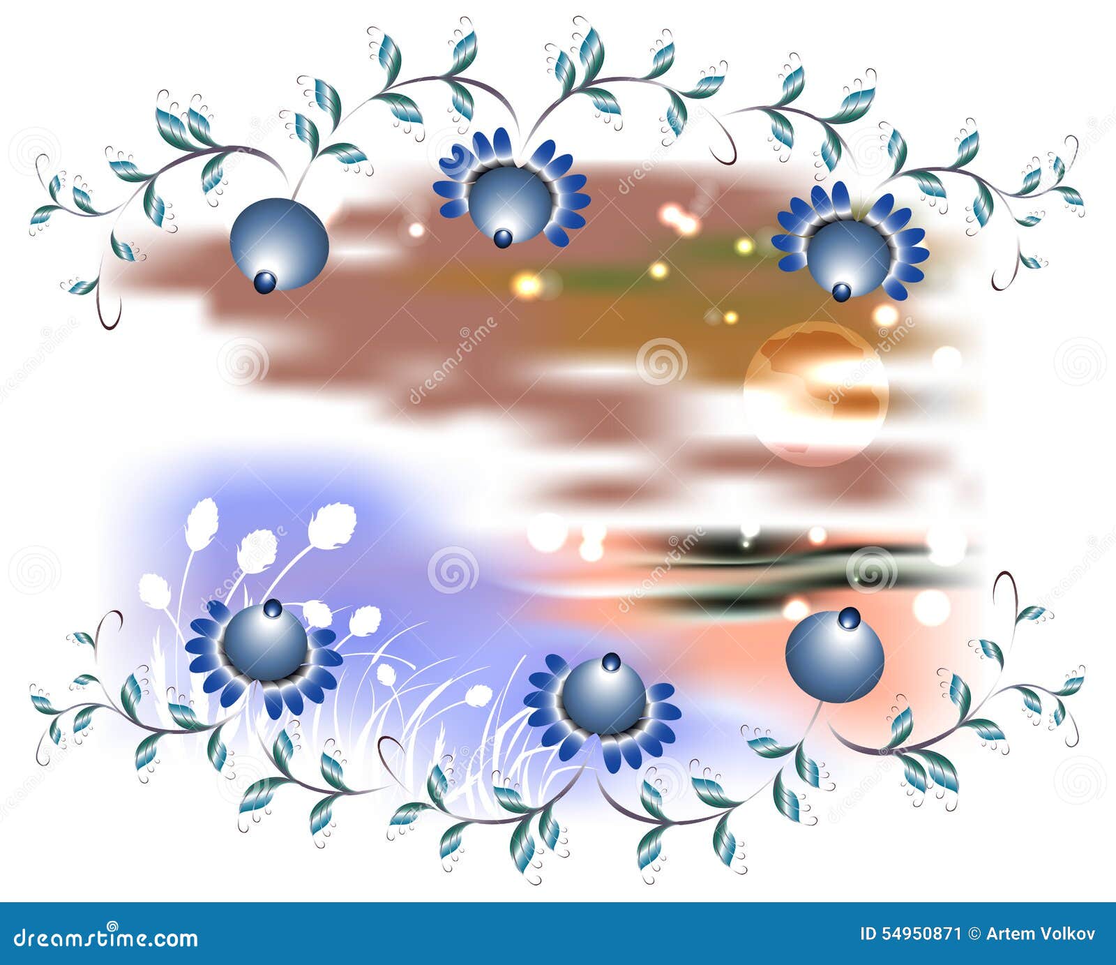 Landscape in the Frame of Blue Flowers. EPS10 Stock Vector ...