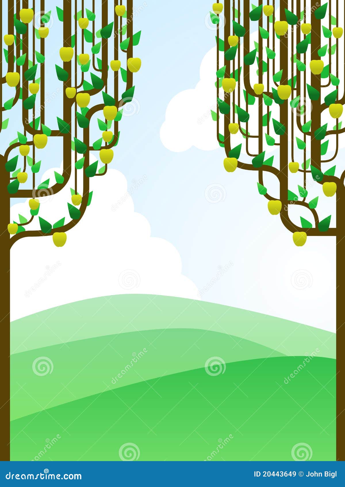 Landscape Framed by Apple Trees Stock Vector - Illustration of ...