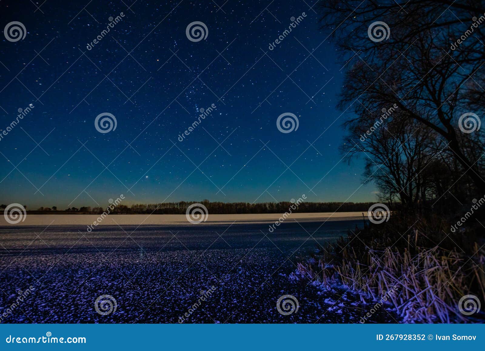 Landscape on a Frozen Lake at Night Stock Photo - Image of night ...