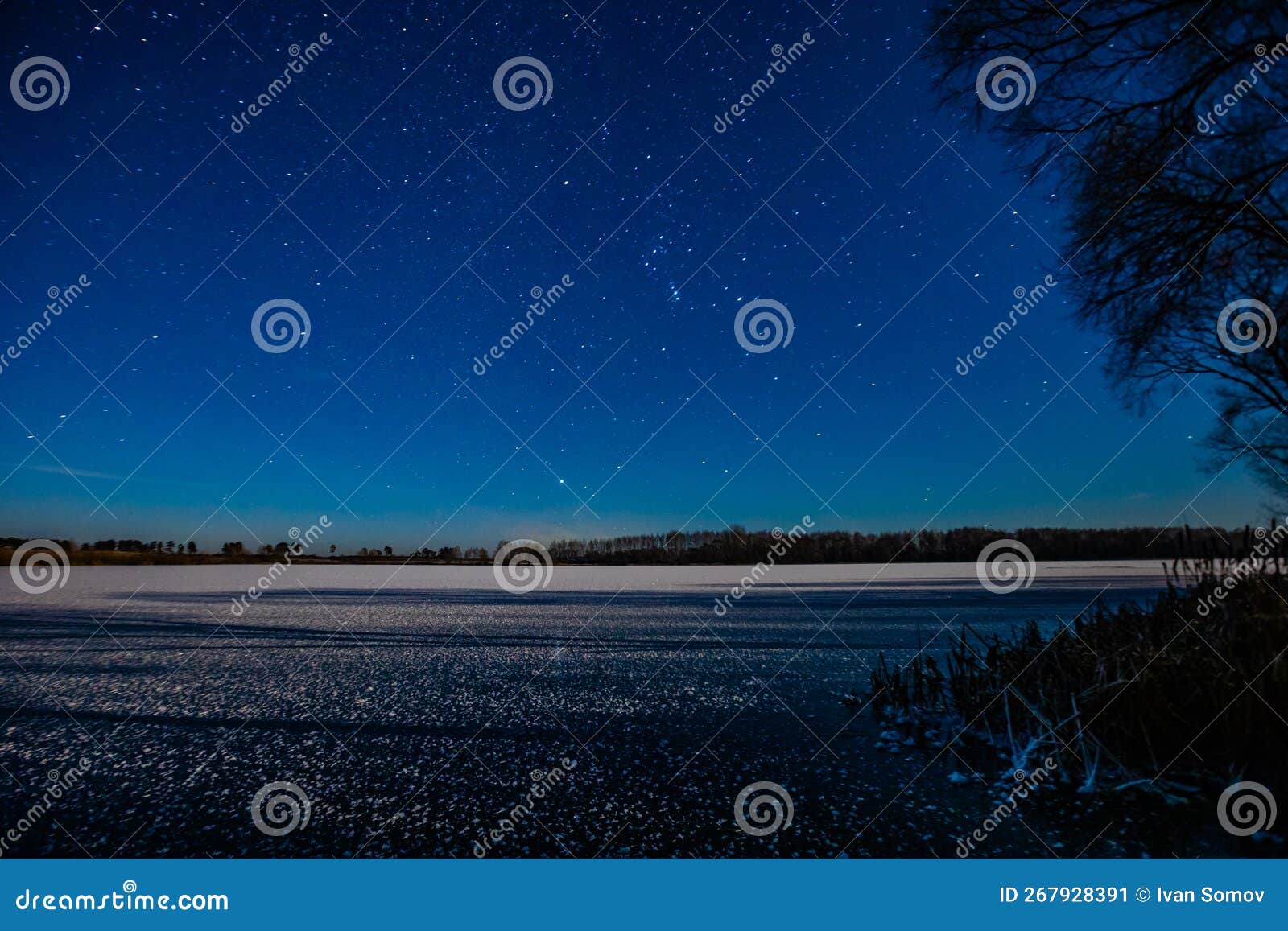 Landscape on a Frozen Lake at Night Stock Image - Image of evening ...