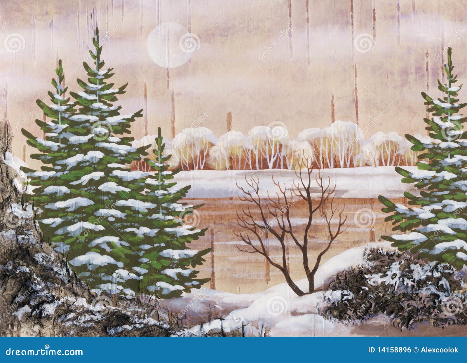 Landscape with Fur-trees and Lake Stock Illustration - Illustration of ...