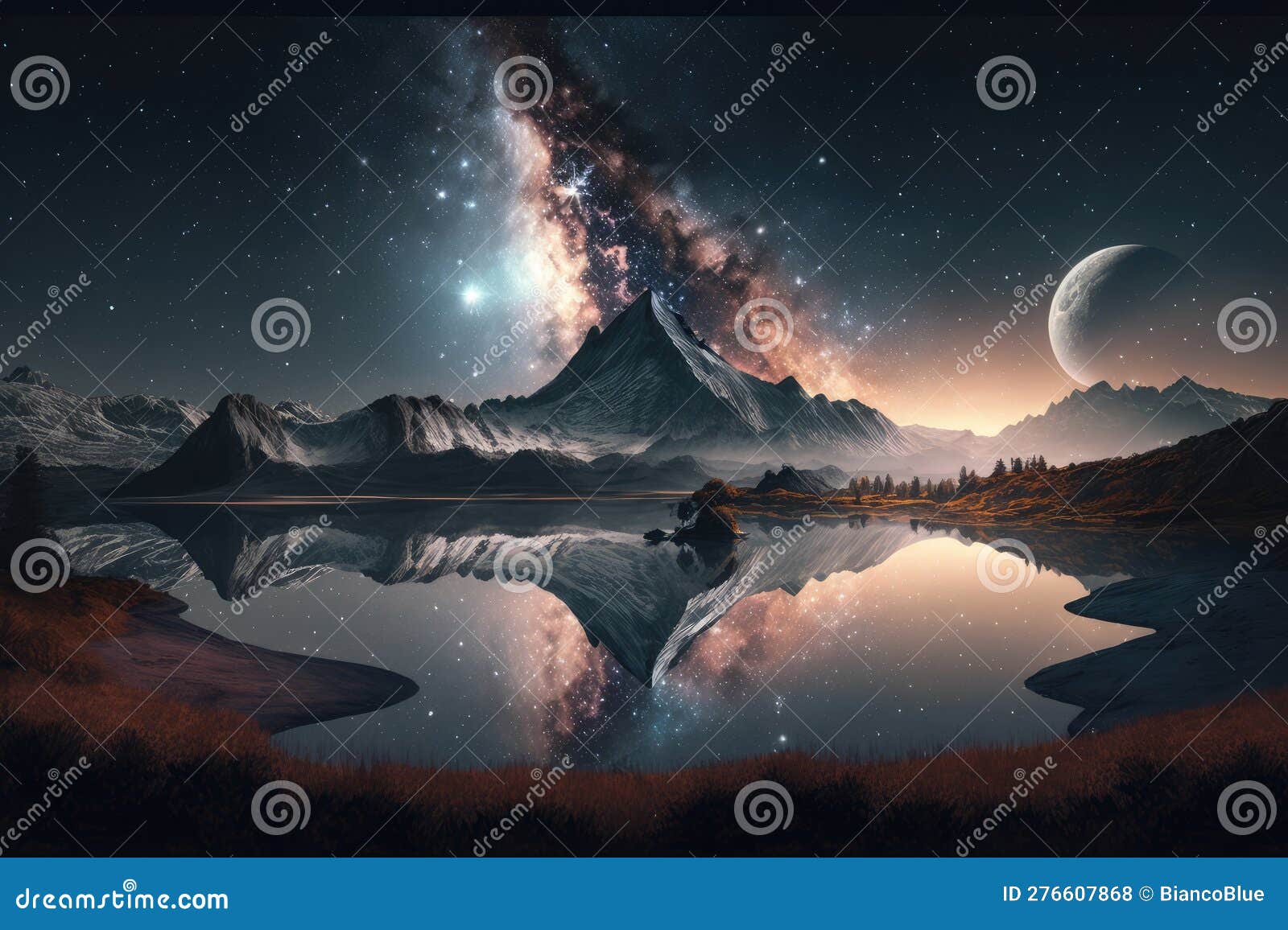 Landscape with Galaxy Background with Fantasy Night Starry Sky Stock ...
