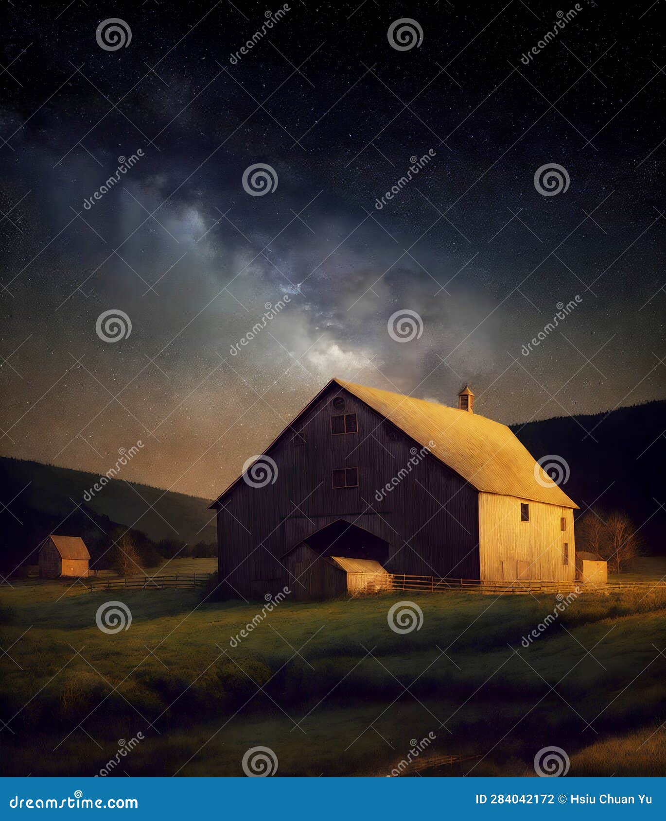 Landscape Galaxy Star Sky Barn in Field Illustration Stock Illustration ...