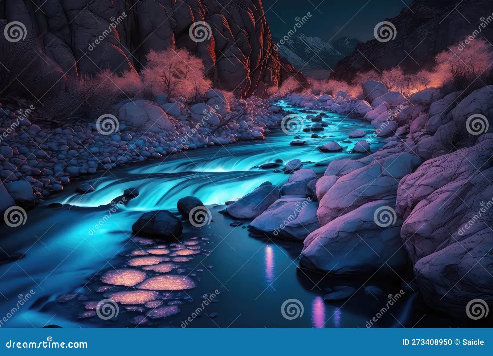 Landscape with Glowing River. Generative AI Stock Illustration ...