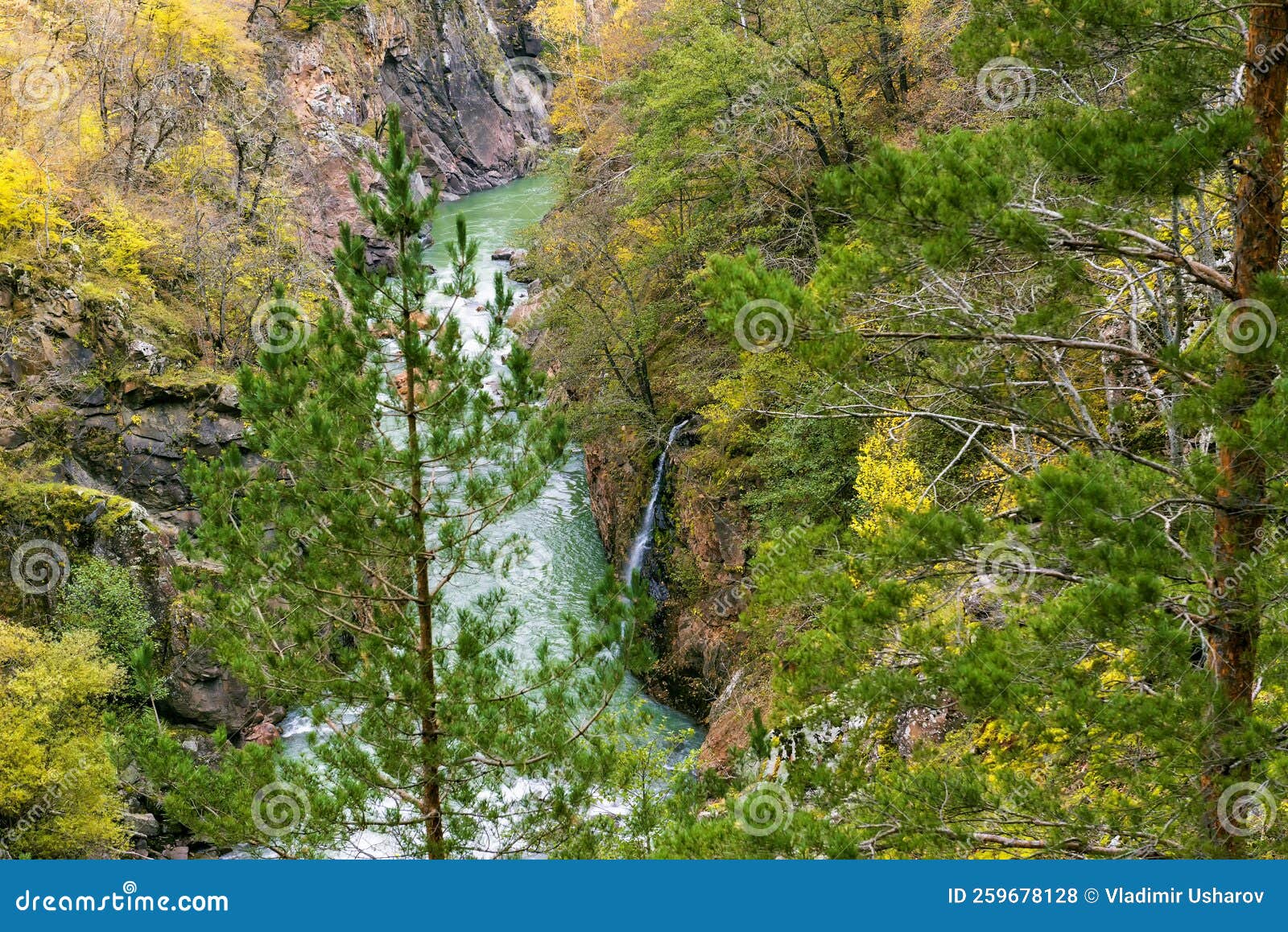 Landscape of the Gorge with a River at the Bottom and a Waterfall Stock ...