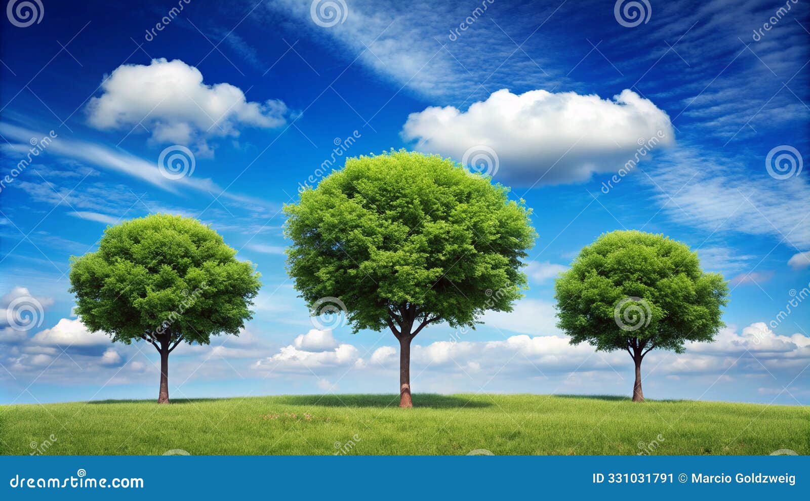 Landscape Of Grass Field And Green Environment And Three Sole Trees, AI ...