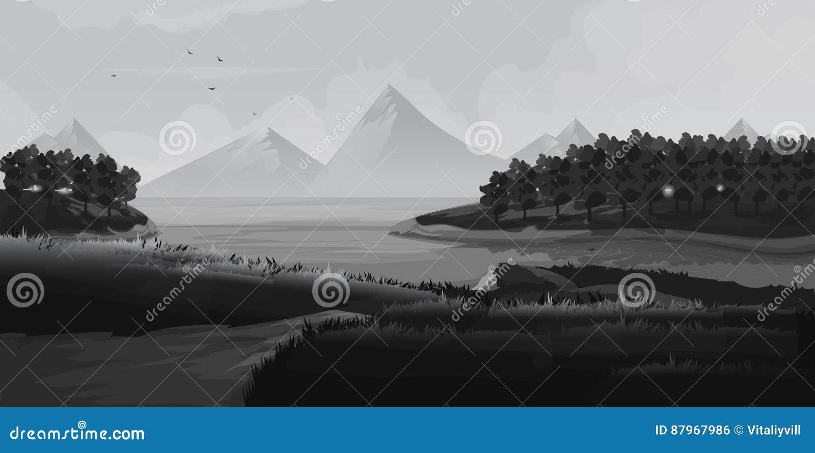 Landscape with Grass and Mountains Vector .Black and White Illustration ...