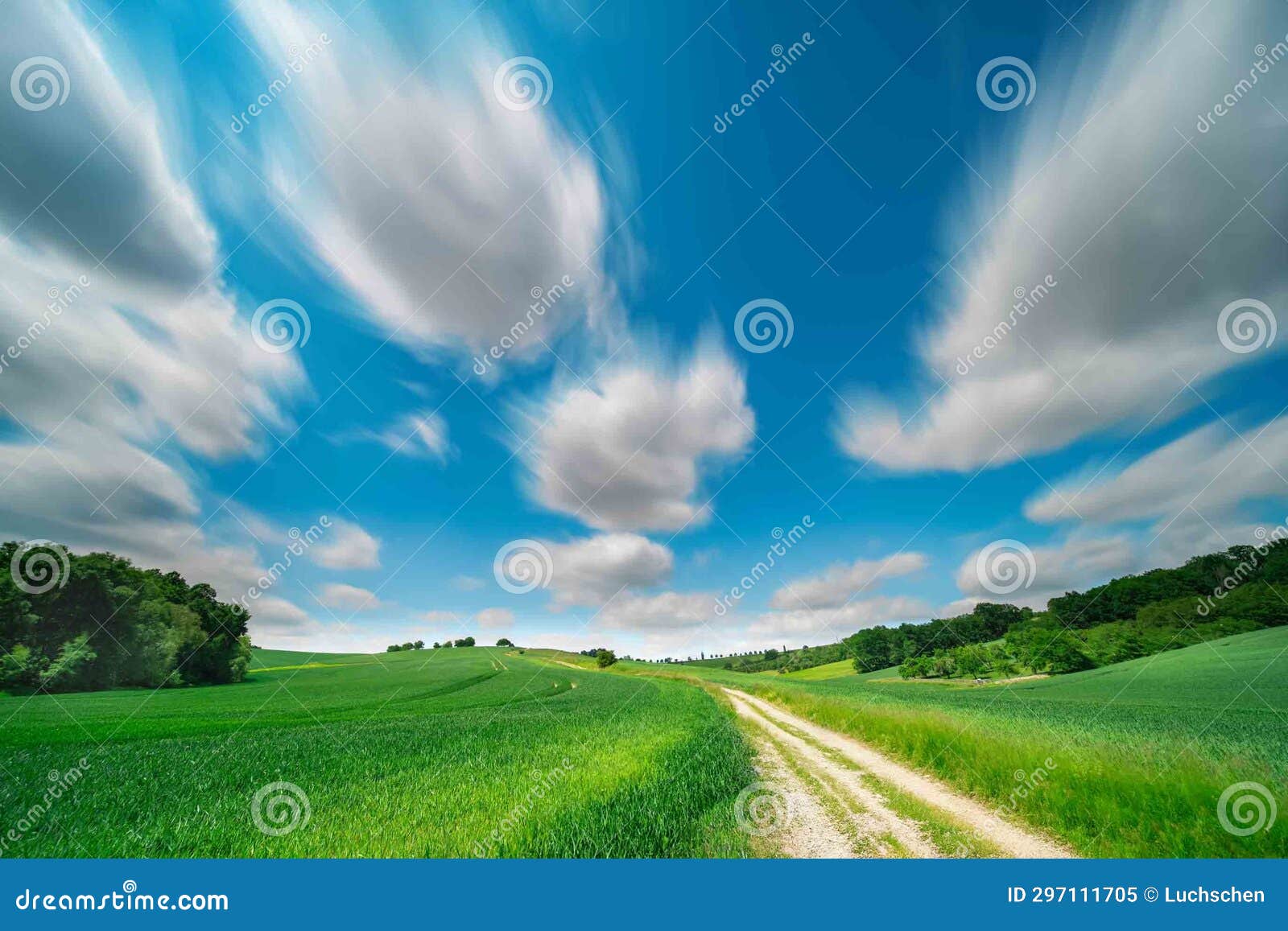 Landscape with Green Fields, Tree, and Dramatic Blue Sky Stock Image ...