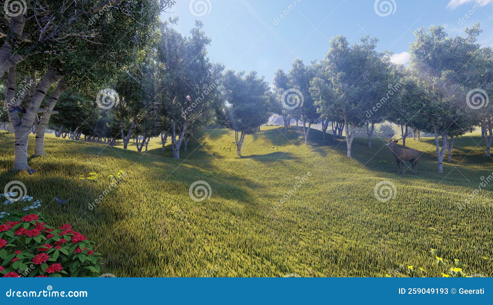 Landscape of Green Forest and Meadow with Clear Blue Sky in Summer, 3d ...