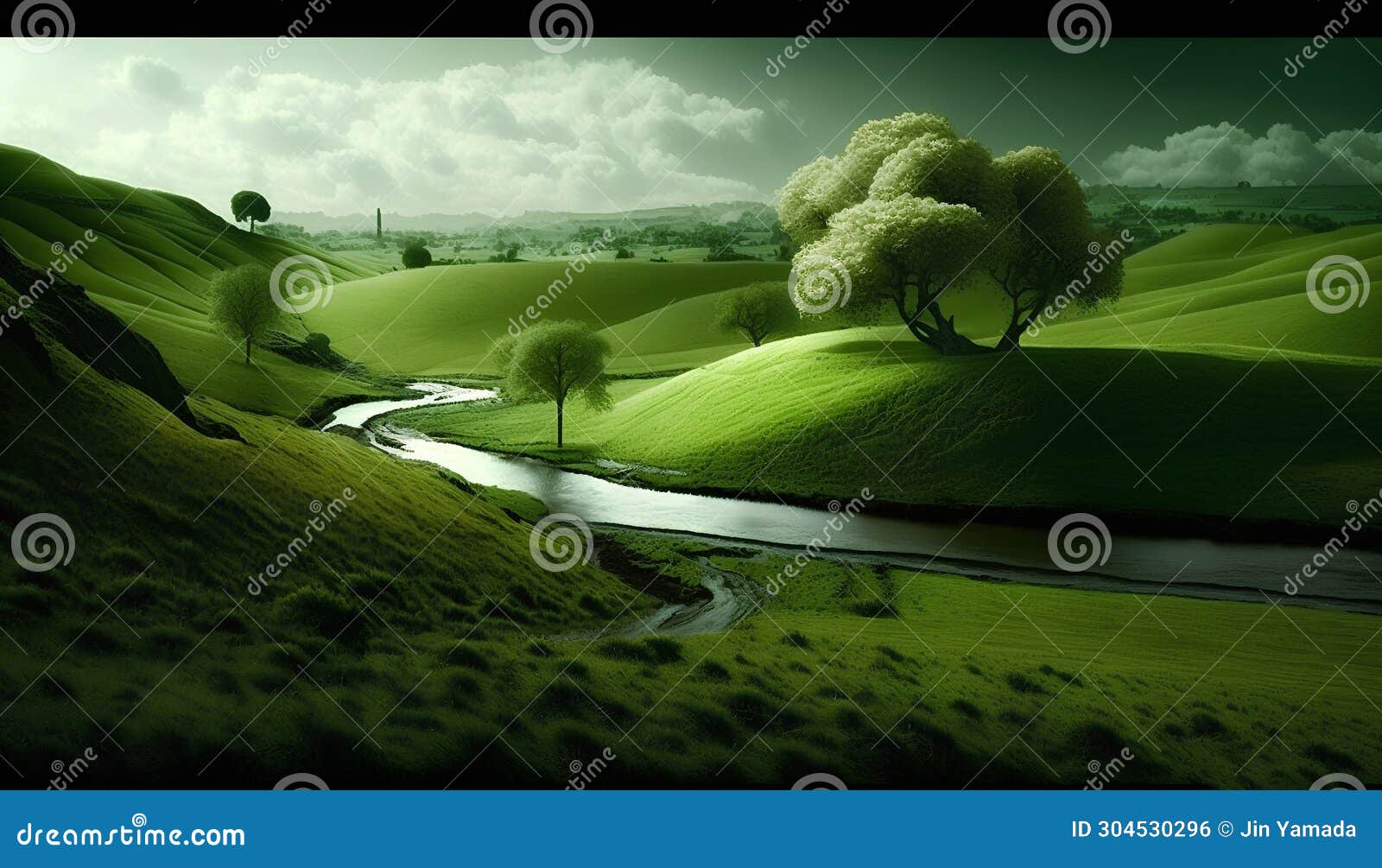 Landscape with Green Hills, River and Trees. Collage Stock Illustration ...
