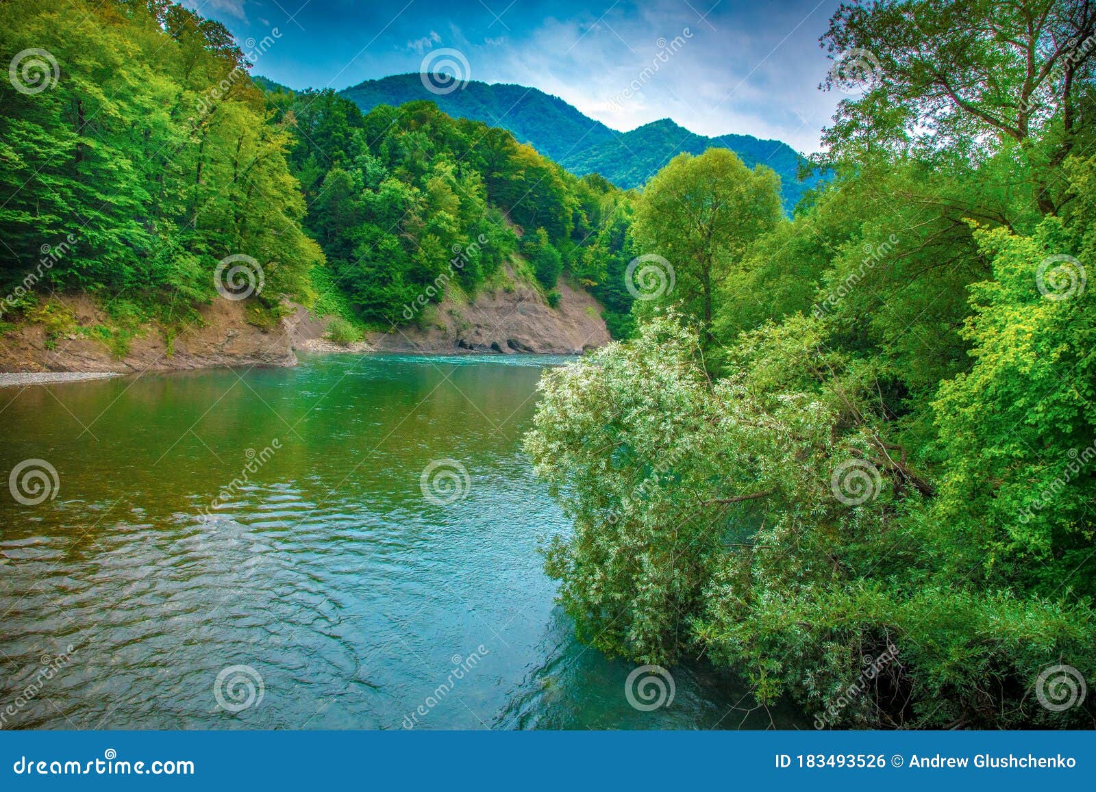 Landscape, Green Mountains and River Stock Photo - Image of highland ...