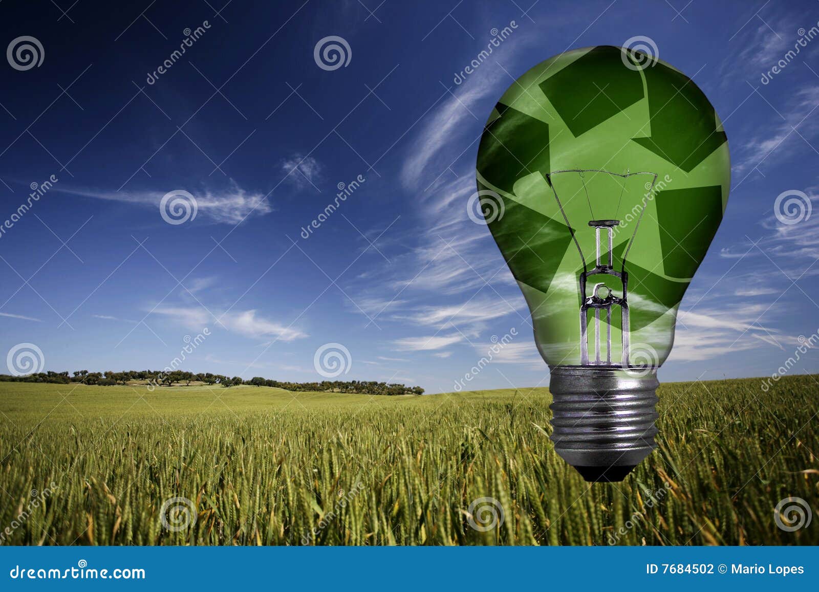 Landscape with Green Recycled Light Bulb Stock Photo - Image of future ...