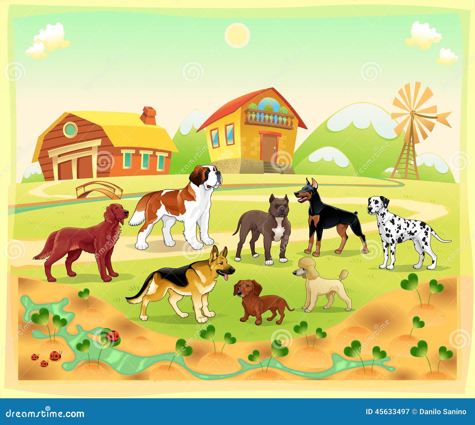 Landscape with Group of Dogs Stock Vector - Illustration of adult ...