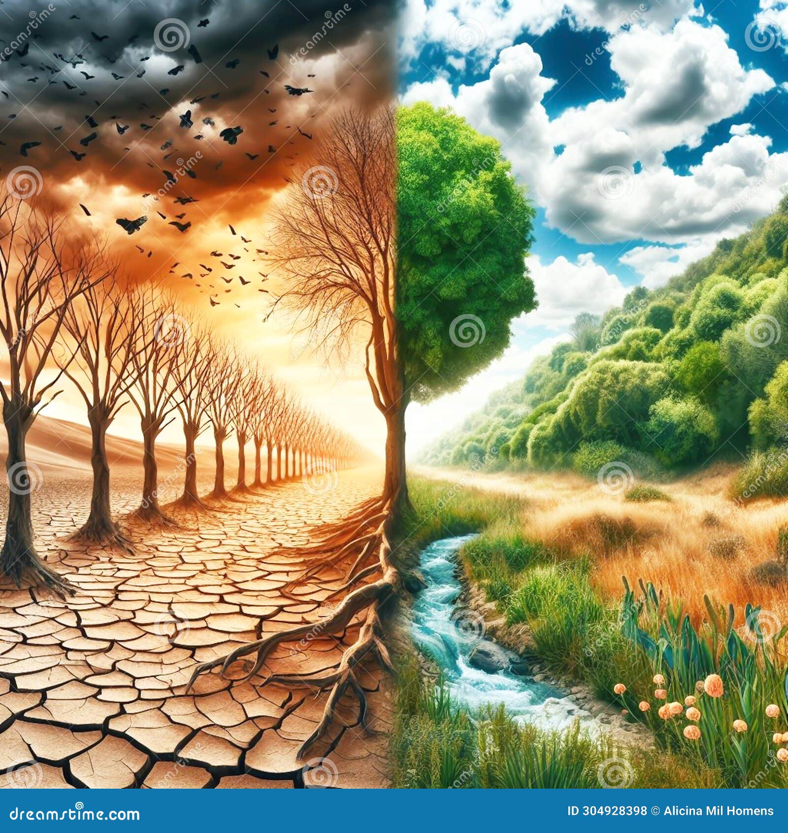 Landscape with Half Dry Trees and the Other Half Lush. Environment and ...