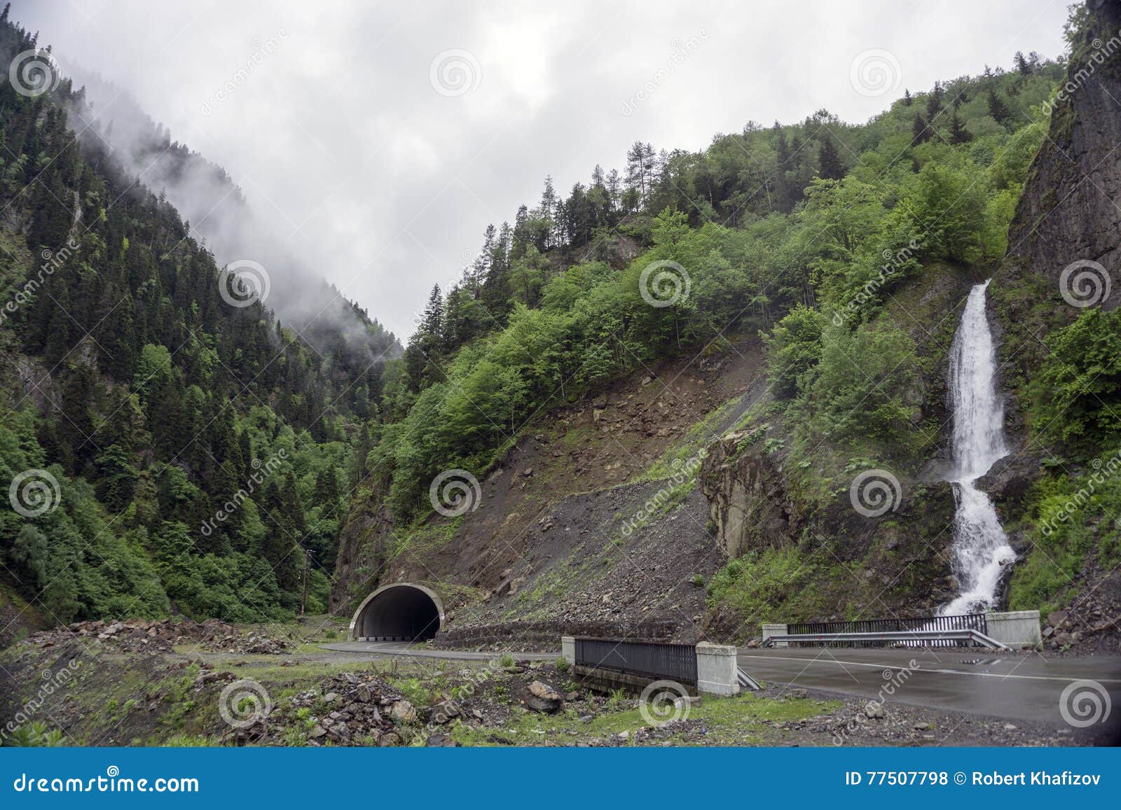 Landscape with a Highway, Mountain Tunnel and a Waterfall Stock Photo ...