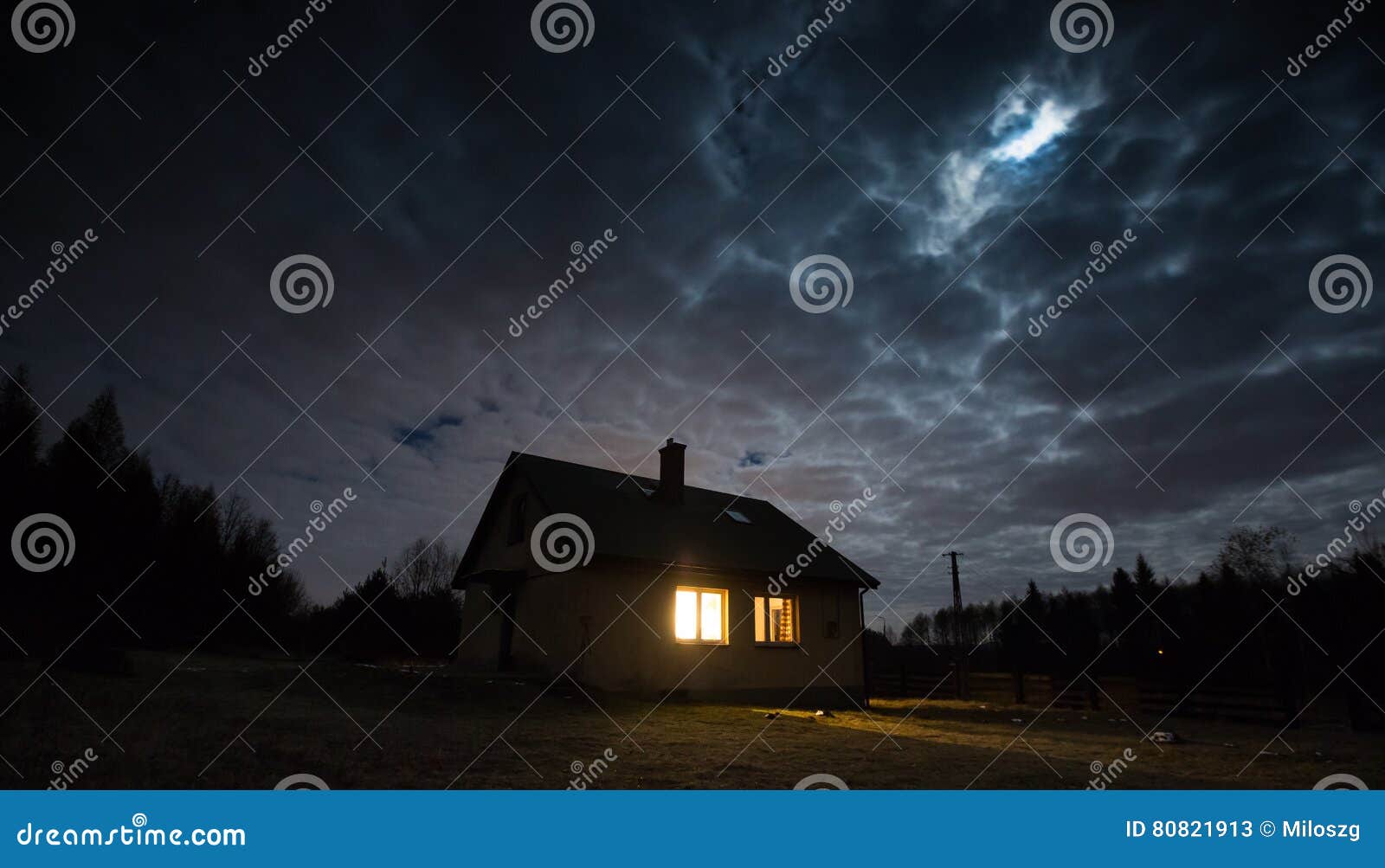 Landscape with House at Night Under Cloudy Sky Stock Image - Image of ...