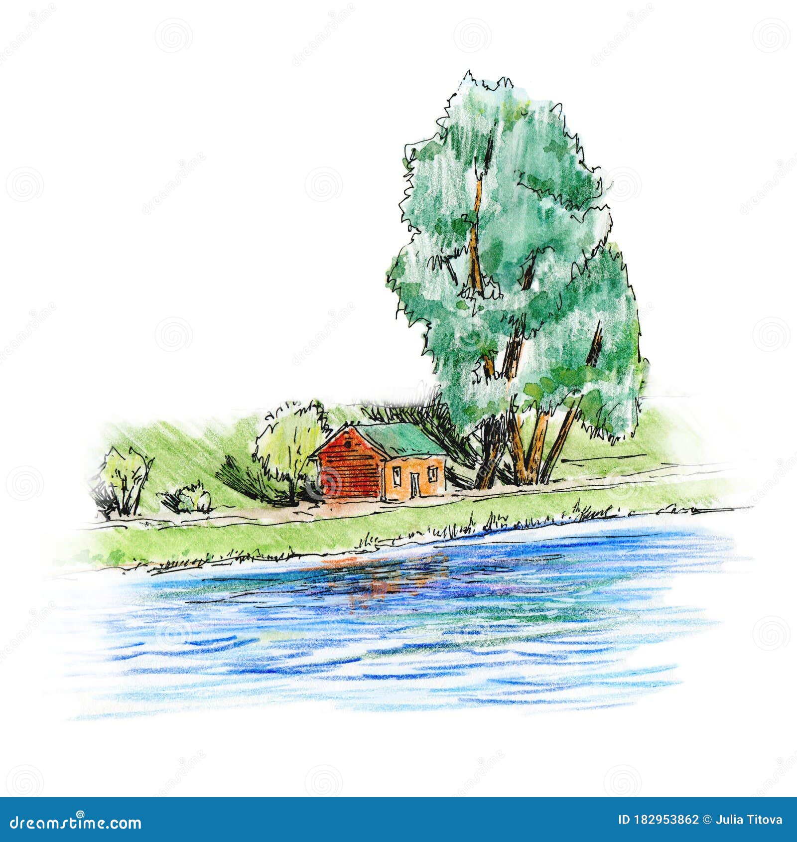 Landscape. House, Tree and River Stock Illustration - Illustration of ...