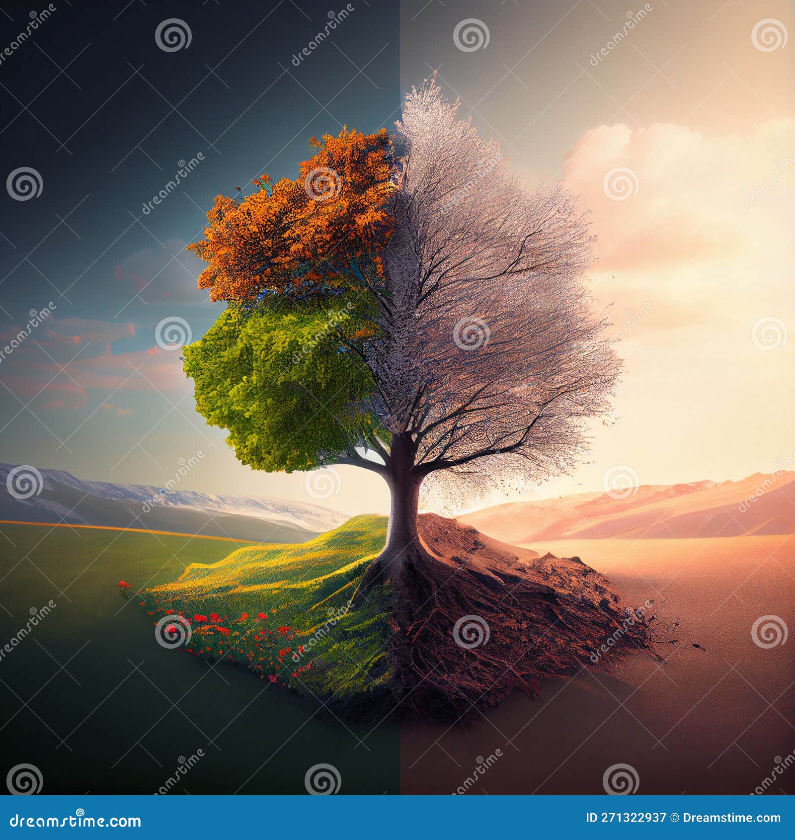 A Landscape with a Huge Tree, the Evolution of Seasons Stock ...