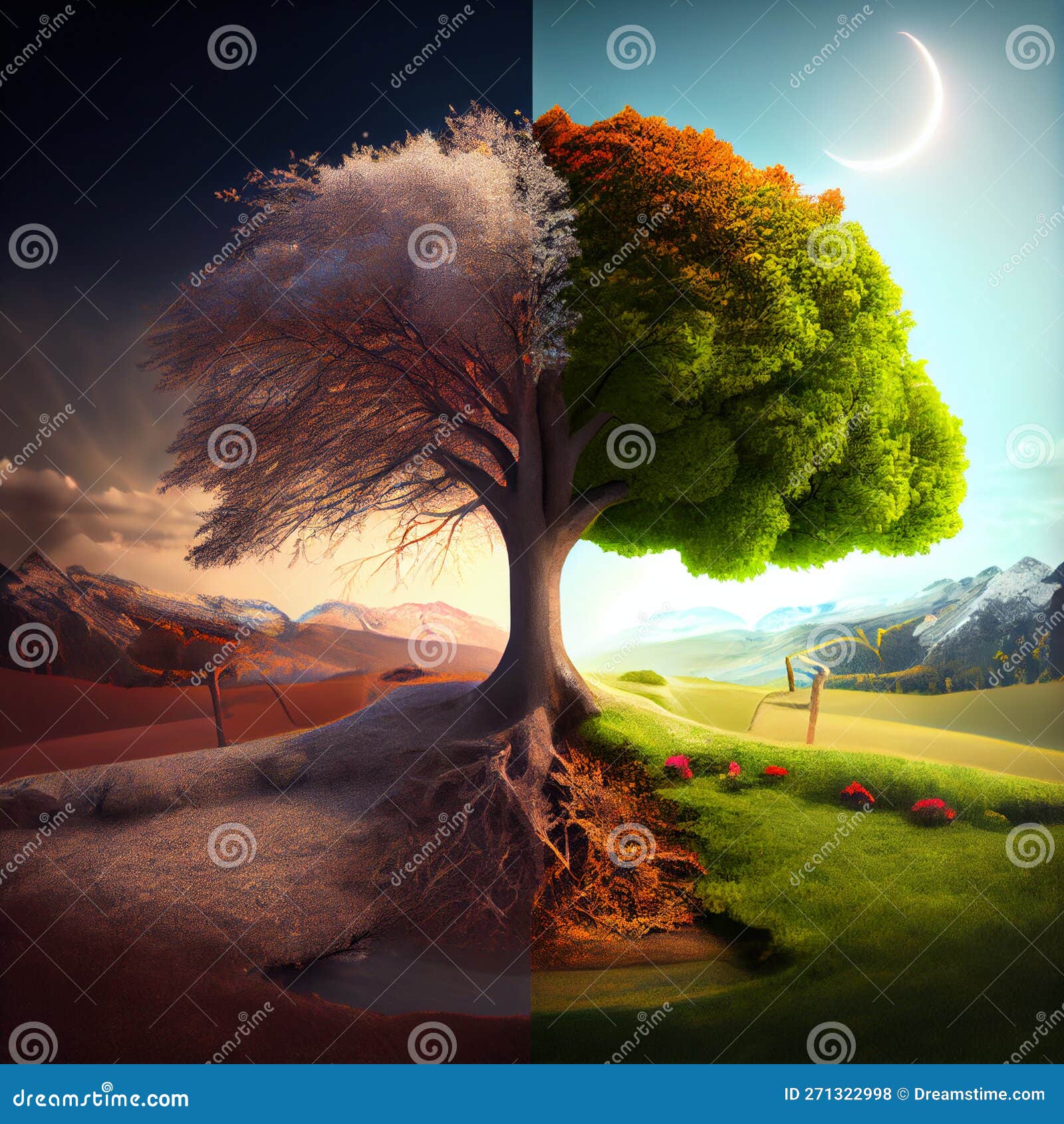 A Landscape with a Huge Tree, the Evolution of Seasons Stock ...