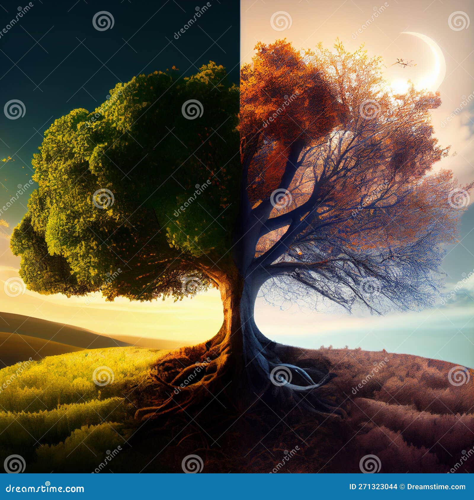 A Landscape with a Huge Tree, the Evolution of Seasons Stock ...