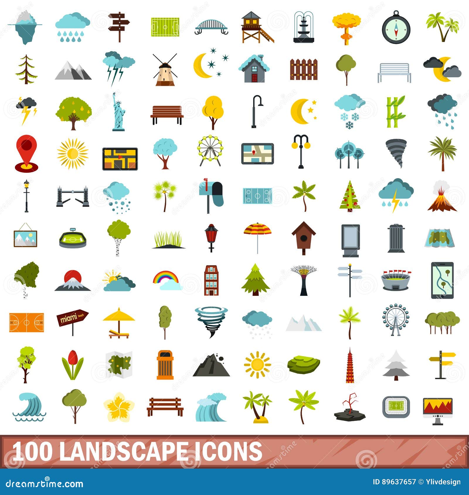 100 Landscape Icons Set, Flat Style Stock Vector - Illustration of ...