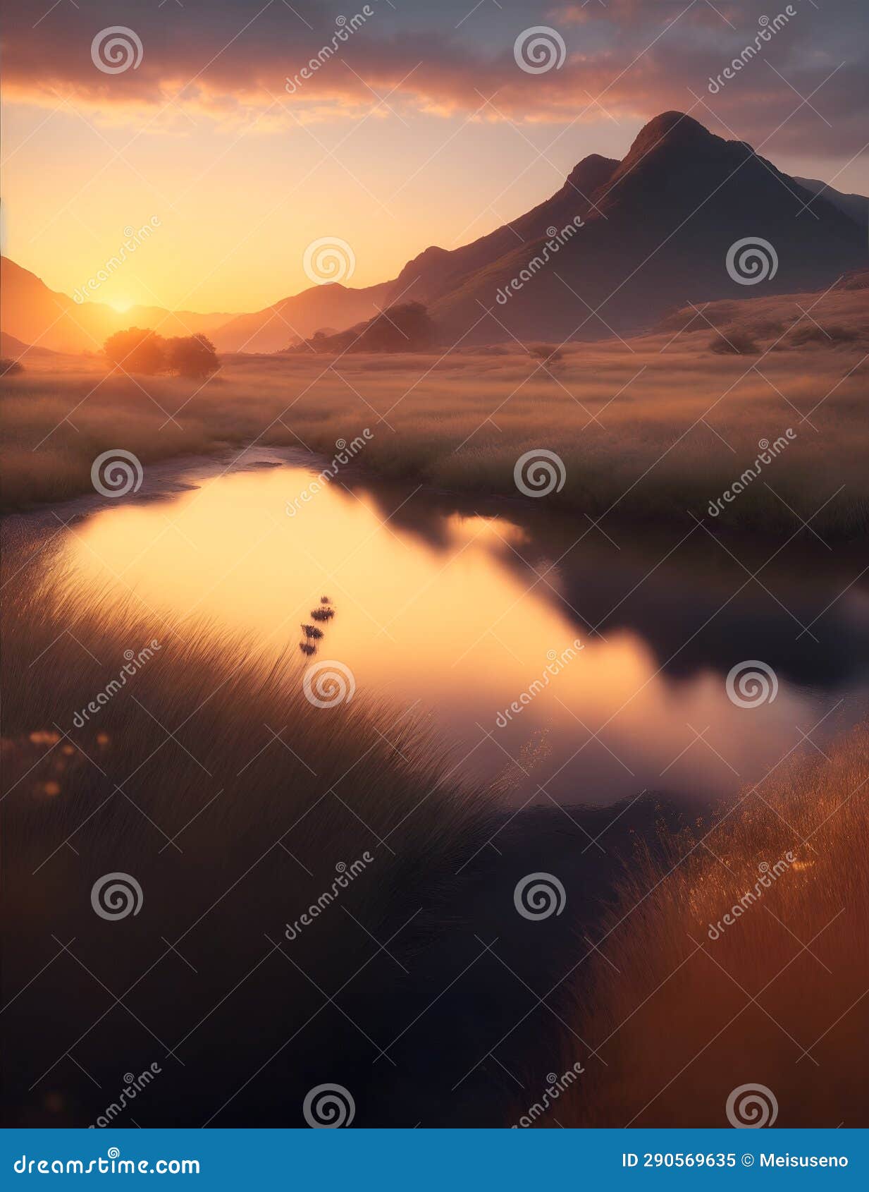 Landscape Illuminated by the Soft Light of Sunset Illustration Stock ...