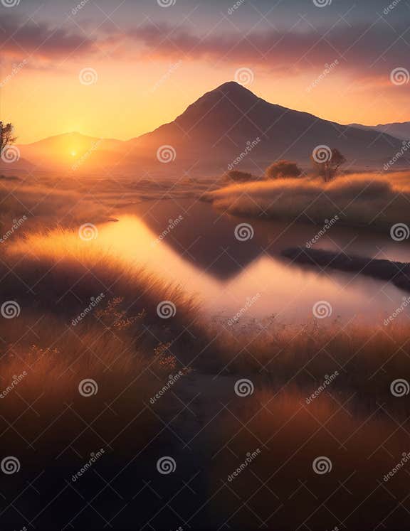 Landscape Illuminated by the Soft Light of Sunset Illustration Stock ...