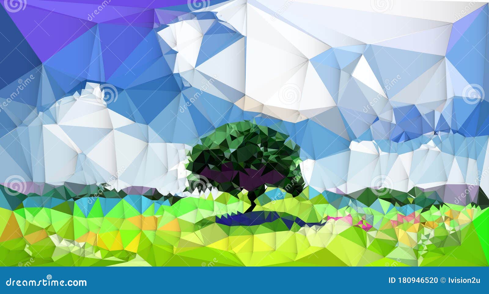 Illustration Abstract Image of Landscape with Tree and Clouds on Blue ...