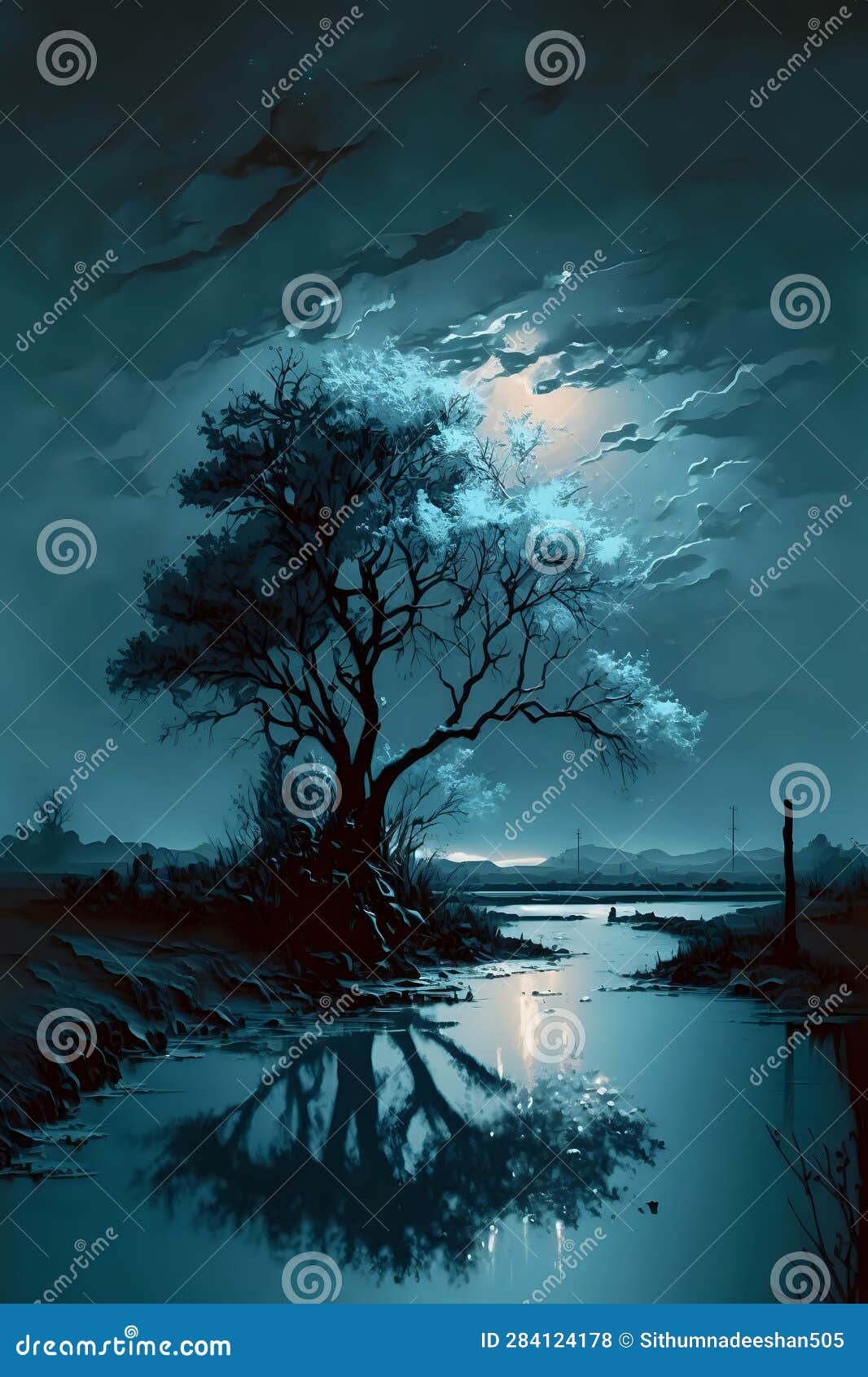 Landscape Illustration with Moon, Sunset Stock Illustration ...