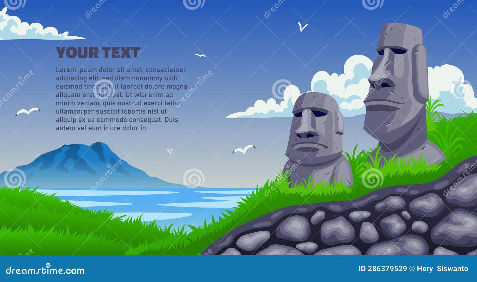 Landscape Illustration Scene of Moai Statues on Easter Island Stock ...