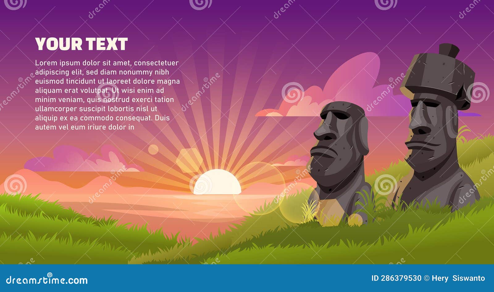 Moai Statues And Pyramids At Night Famous Landmark Vector Illustration ...