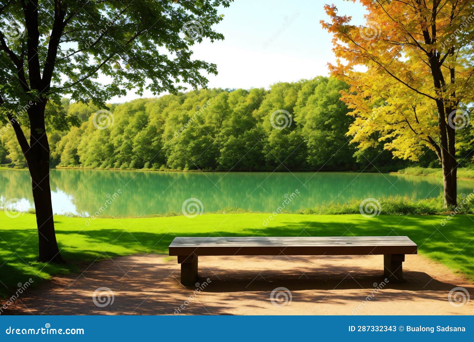 A bench at the lake. stock illustration. Illustration of plant - 287332343