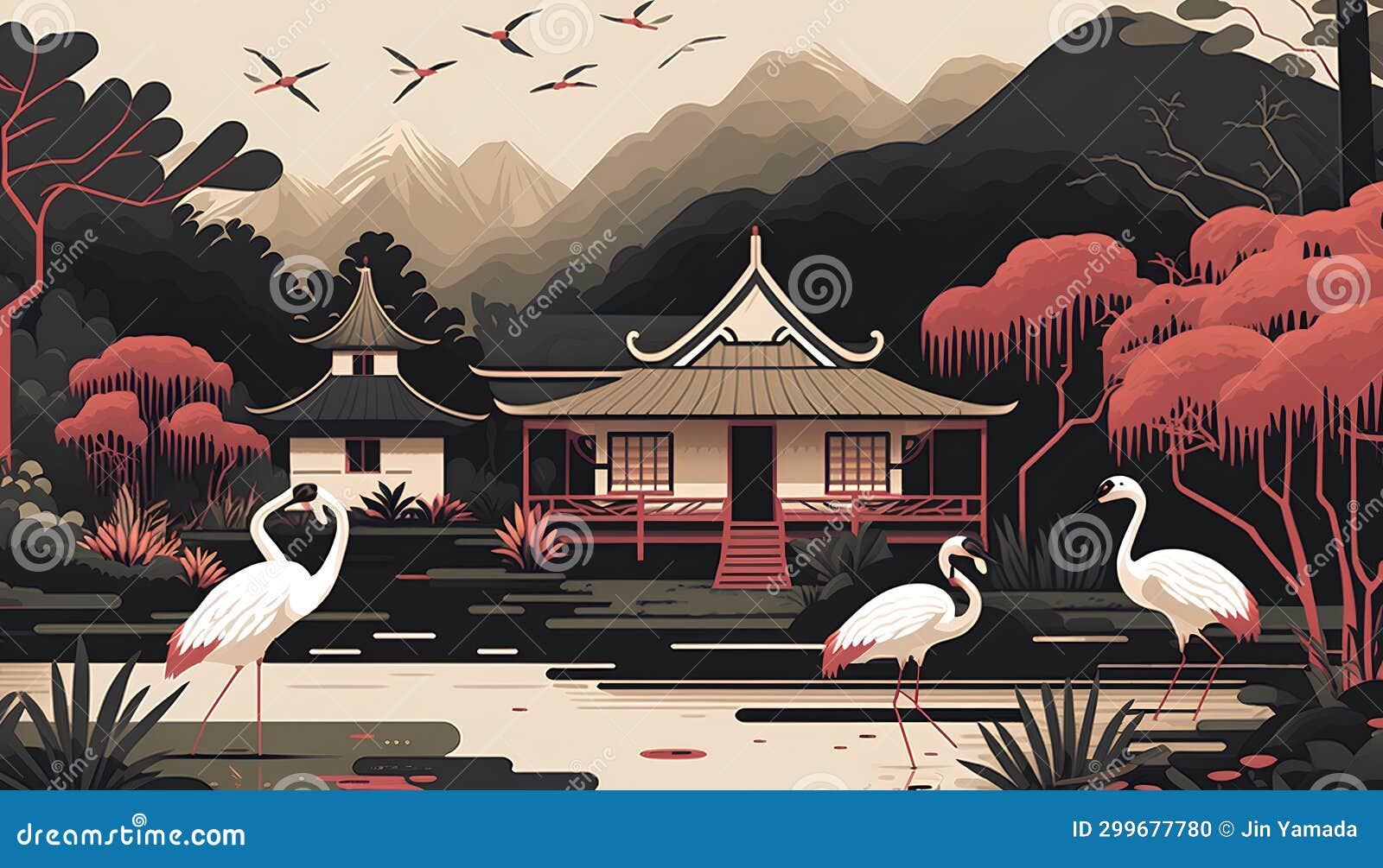 Landscape of Japanese Temple. Vector Illustration in Flat Style Stock ...