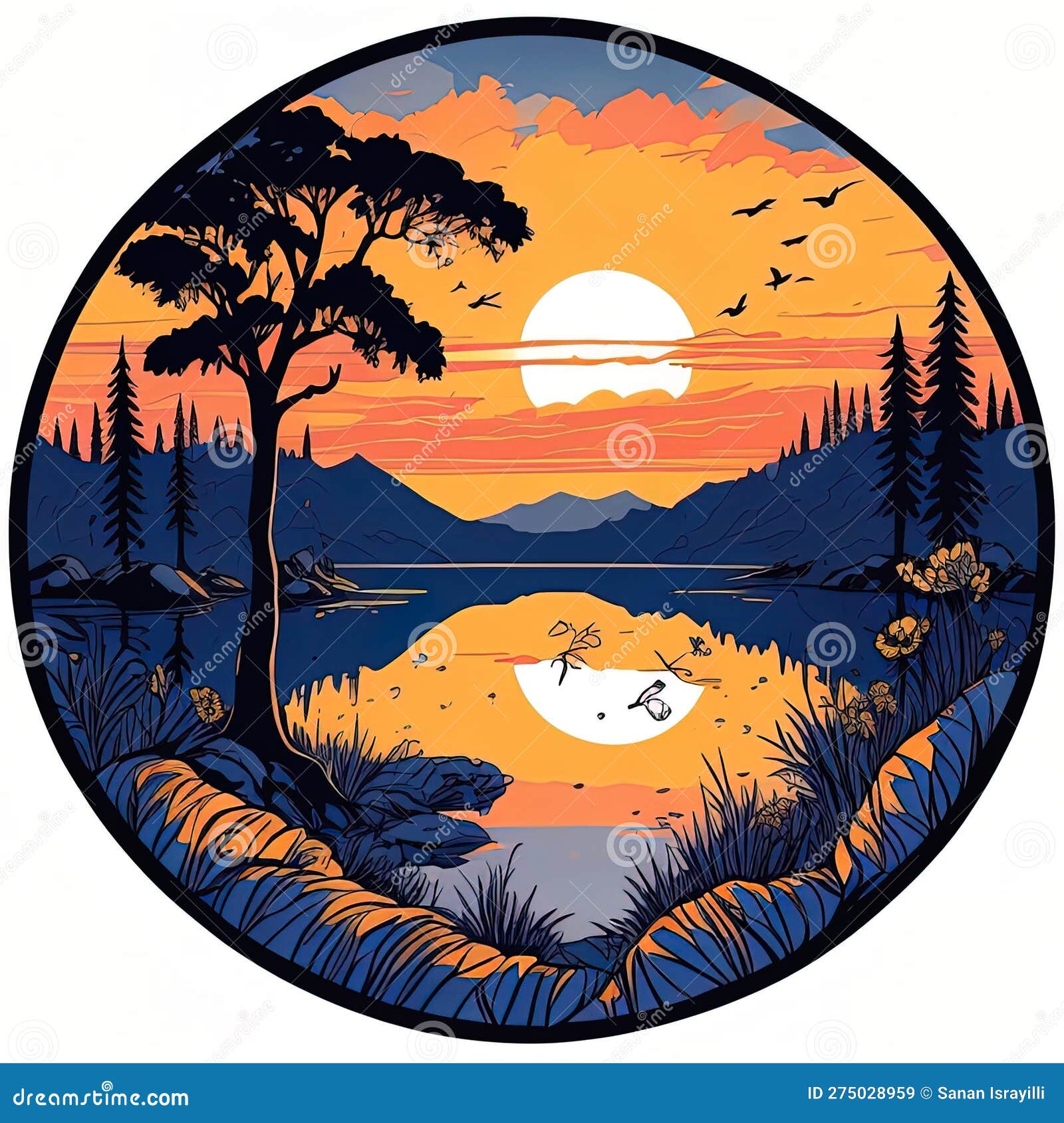 Landscape with Lake, Forest and Mountains in the Circle. Vector ...
