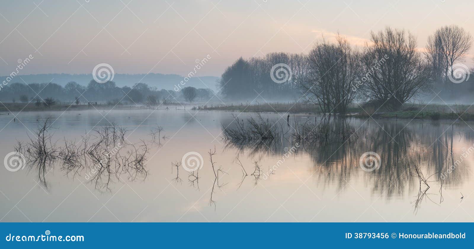 Landscape of Lake in Mist at Sunrise Stock Photo - Image of serene ...