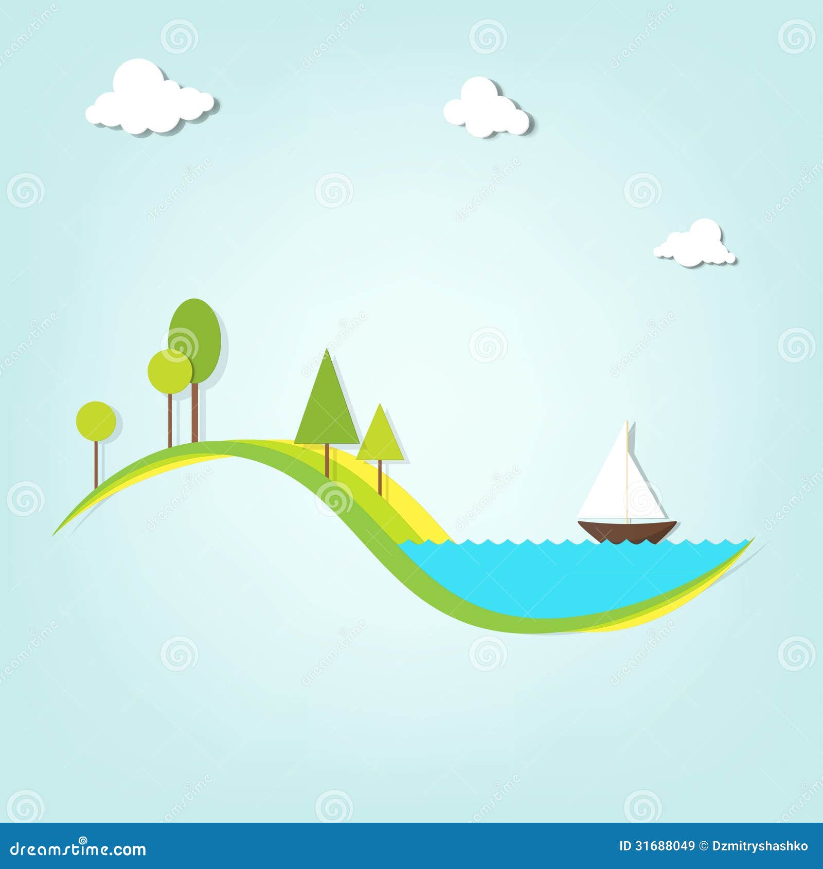 Landscape with a Lake, Trees, and the Ship Stock Vector - Illustration ...
