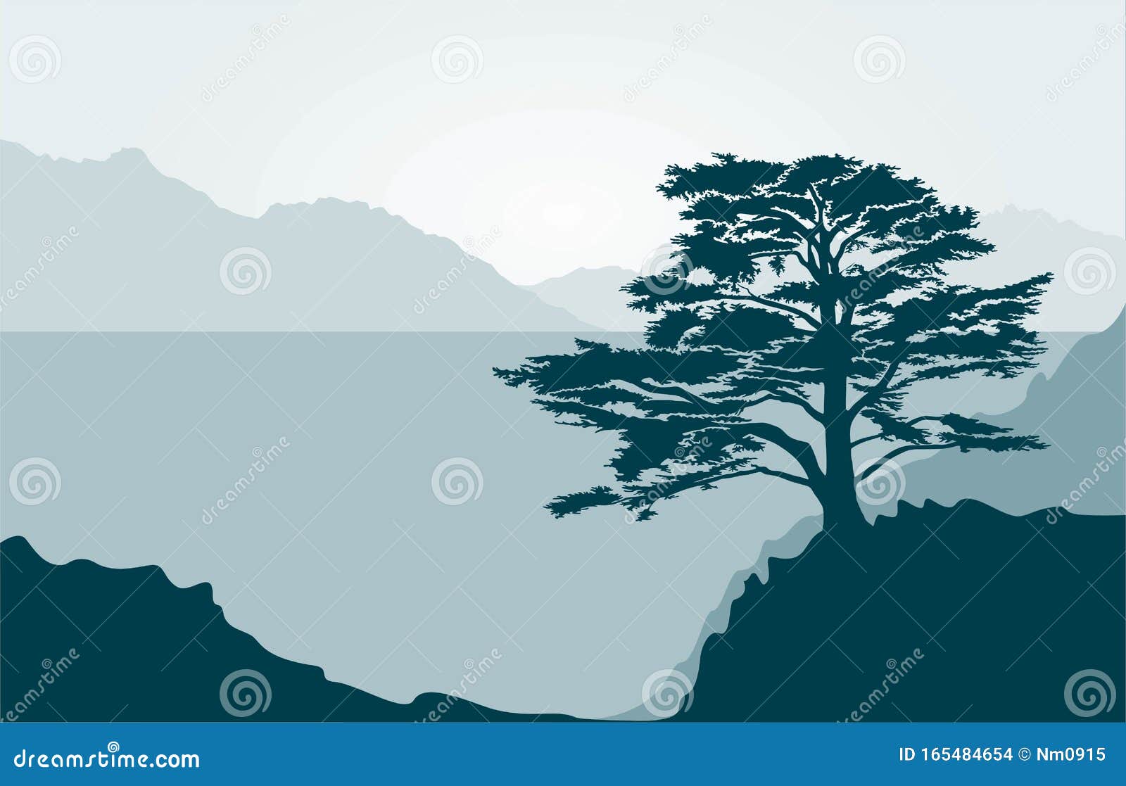 Landscape with Lebanese Cedar Tree, Sea and Mountains Stock Vector ...