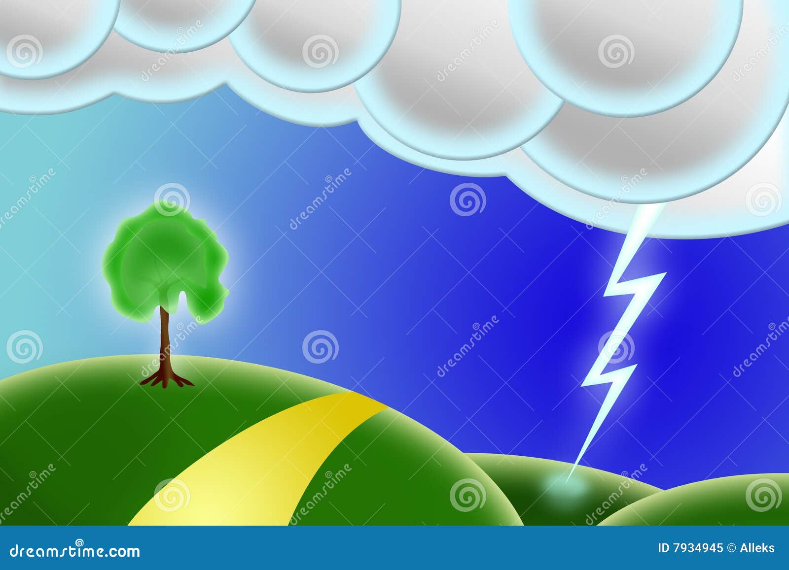 Landscape with Lightning an Tree Stock Illustration - Illustration of ...