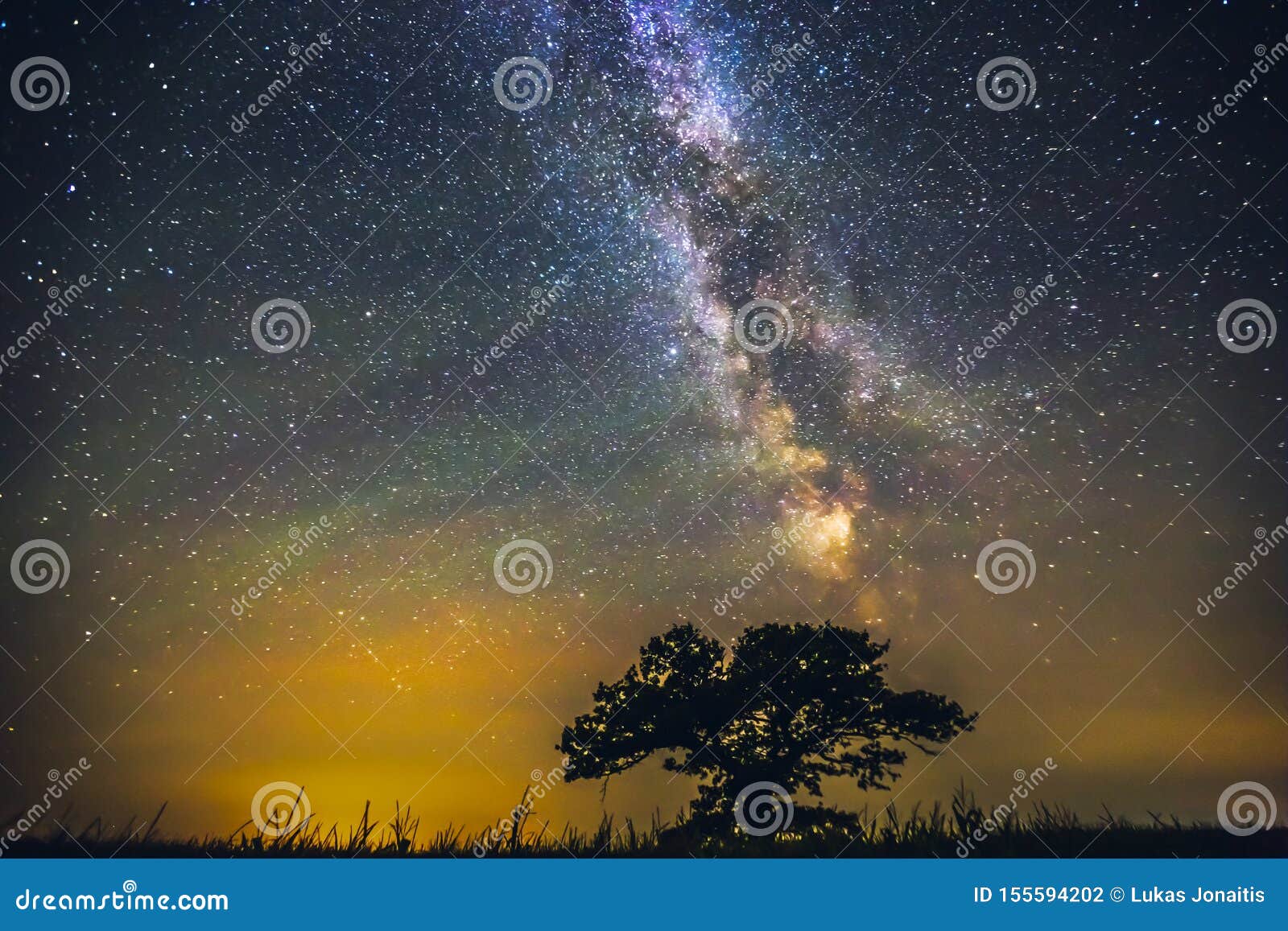 Landscape with Milky Way Galaxy Over the Oak Tree Stock Photo - Image ...