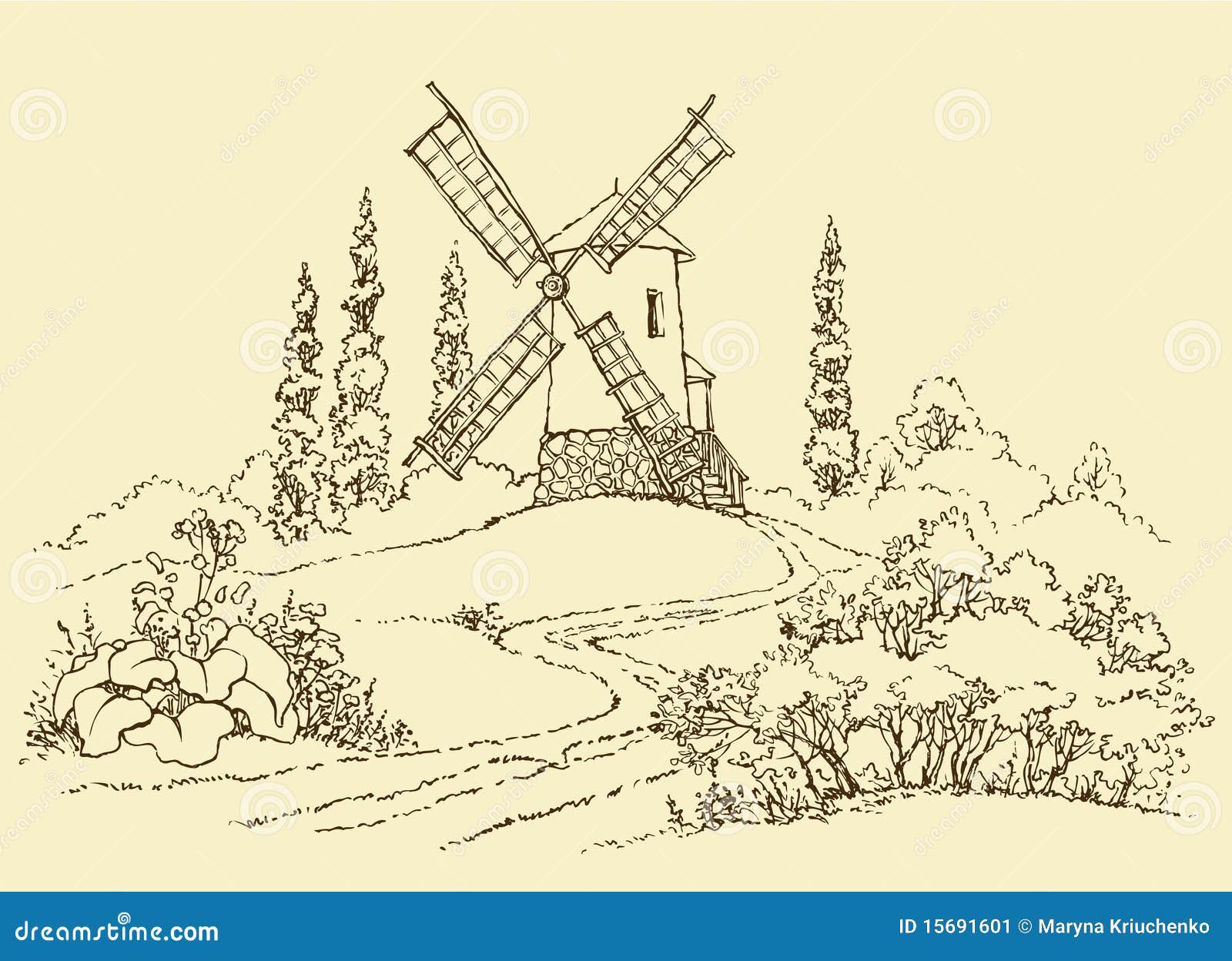 Landscape with a Mill stock vector. Illustration of design - 15691601