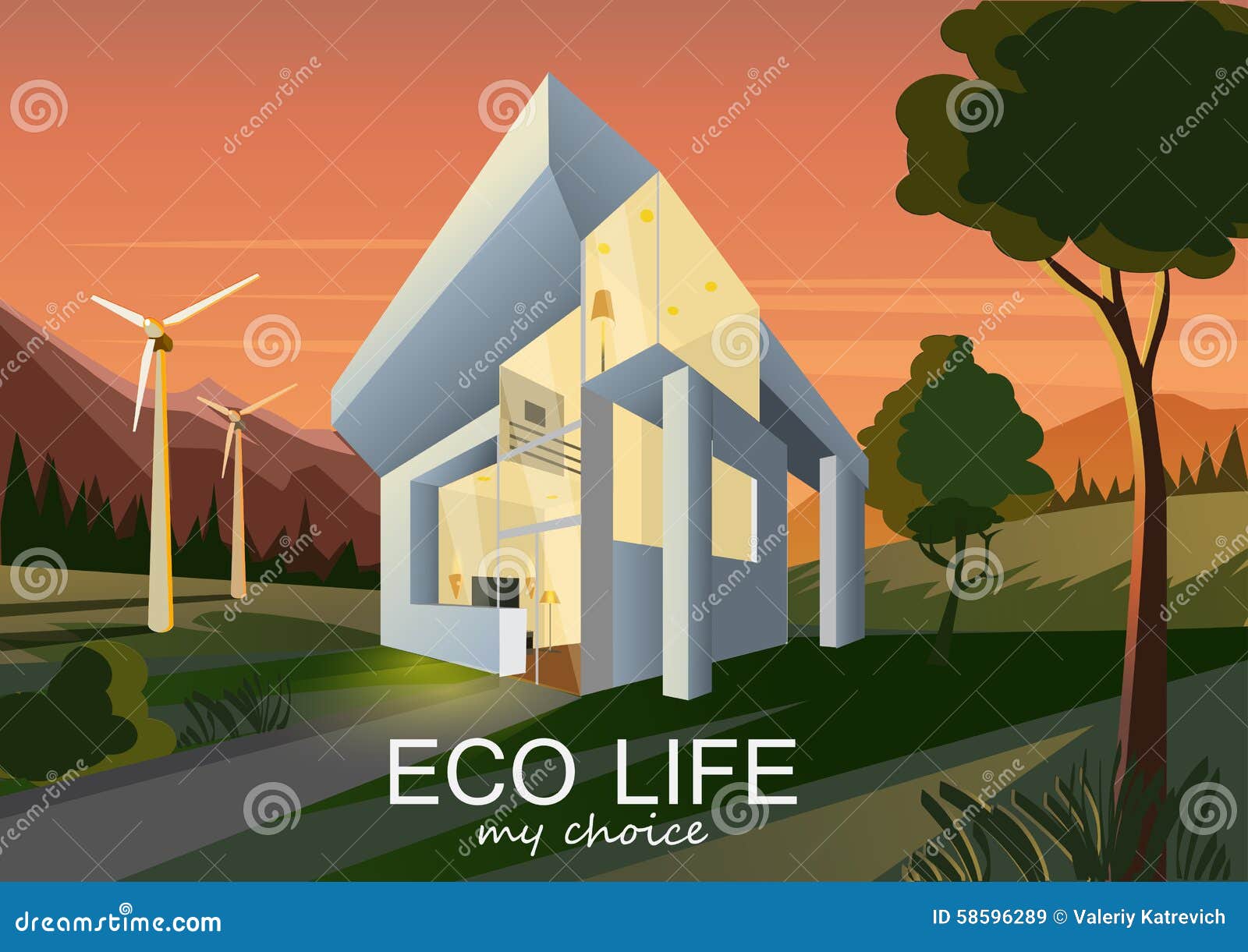 Landscape with a Modern House. Eco Life. Vector Stock Vector ...