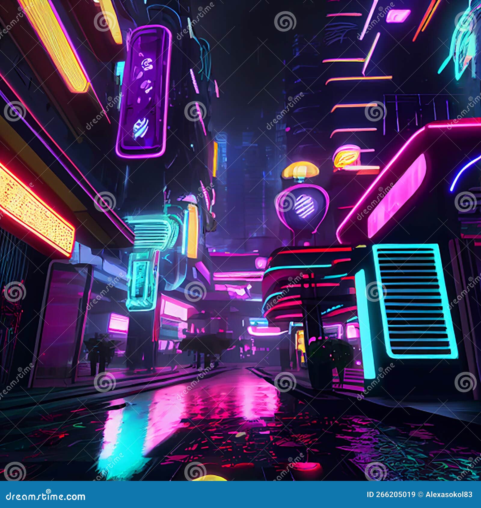 Landscape of Modern Neon City Night Stock Illustration - Illustration ...