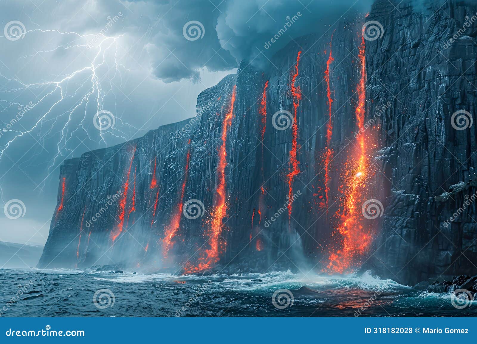 Landscape of Molten Lava Falling Down a Cliff into the Ocean during a ...
