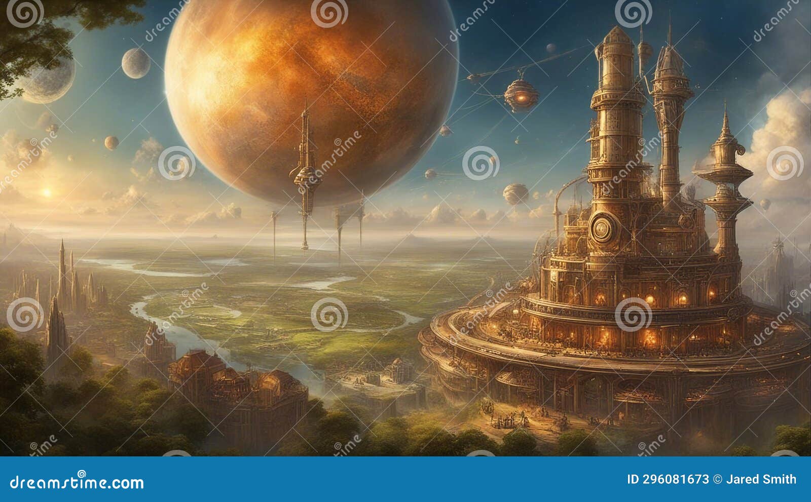 Landscape with Moon and Clouds a Steampunk Space Colony Orbiting the ...