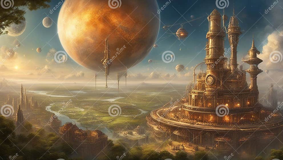 Landscape with Moon and Clouds a Steampunk Space Colony Orbiting the ...
