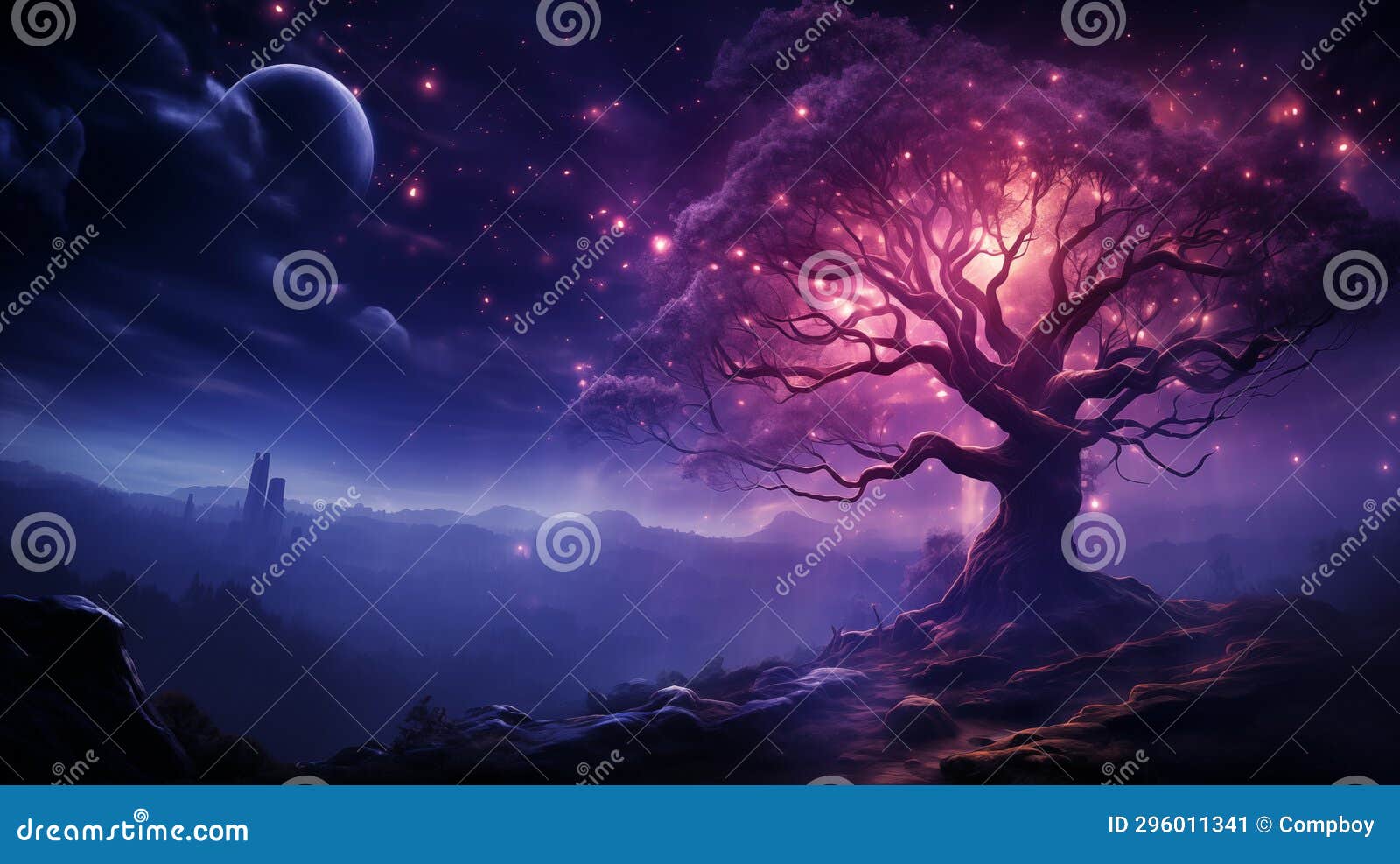 Landscape with Moon and Tree Stock Illustration - Illustration of ...