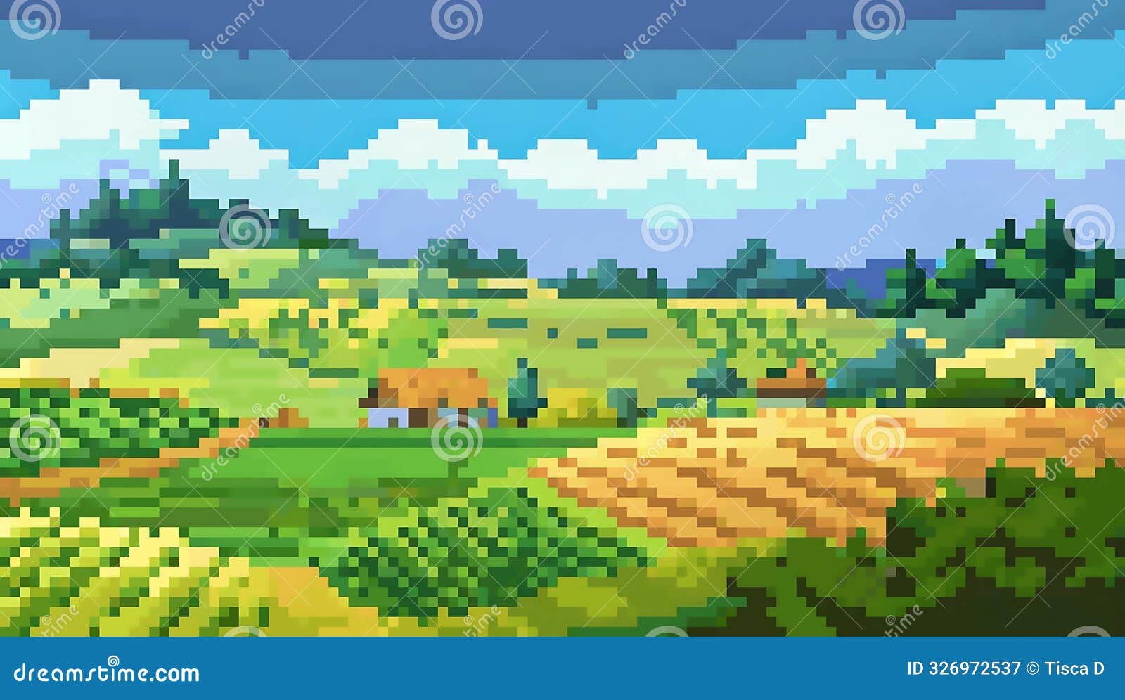 Landscape with Mountain Fields and Sky , Pixel Art Stock Illustration ...